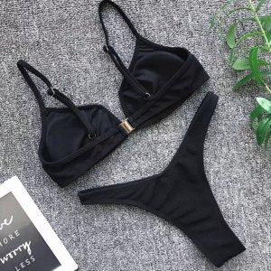 Swim | New Black Ribbed V Cut Top With High Cut Legs Bikini Set | Poshmark